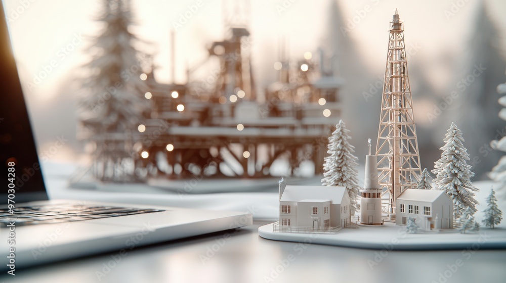 Minimalist office with offshore oil rig model on sleek desk, framed by ...