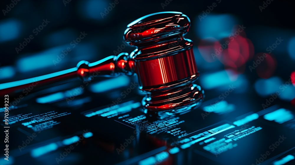 AI robot, caught in a dense network of legal chains, surrounded by ...