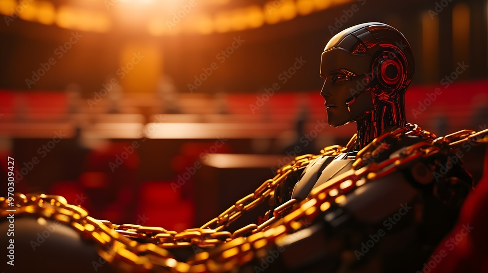 AI humanoid robot with cold, metallic skin, encircled by heavy chains ...