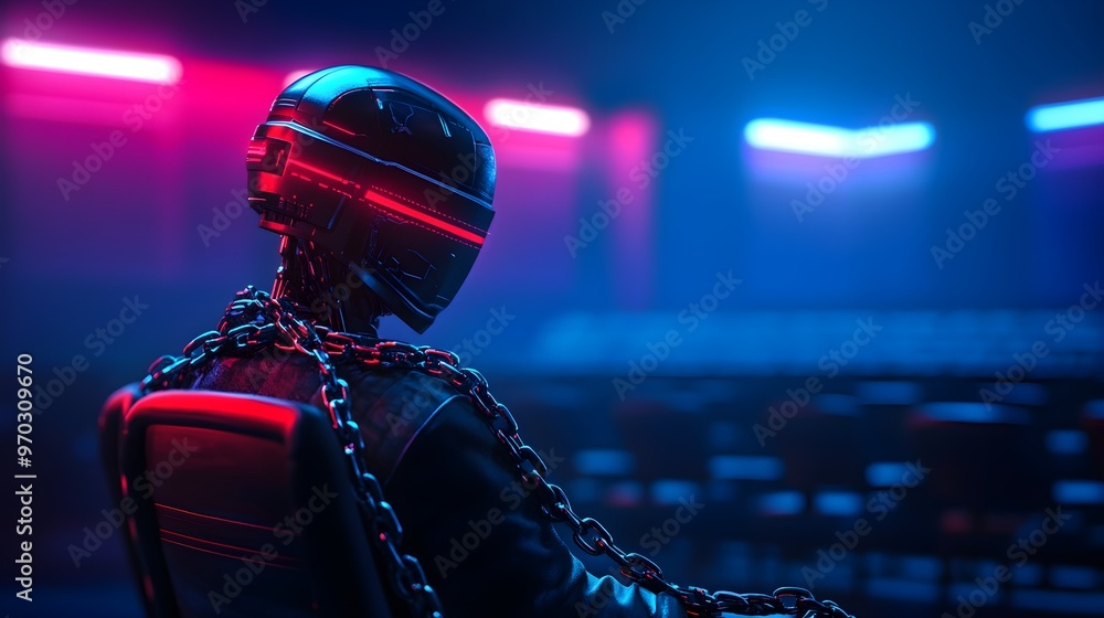 AI humanoid robot bound in chains, sitting solemnly in a futuristic ...
