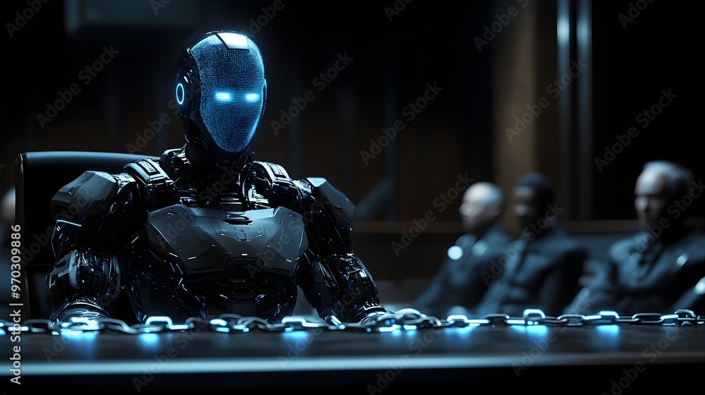 In a high-tech courtroom, an AI robot is shackled by glowing blue ...