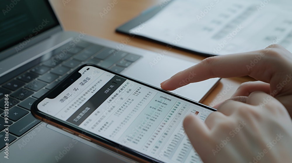 Close up of a hand scrolling through a mobile phone screen, with text ...
