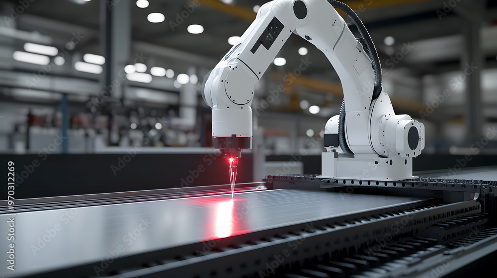 robotic arm controlling a laser cutter, slicing through metal sheets in ...