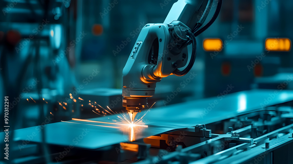 robotic arm controlling a laser cutter, slicing through metal sheets in ...