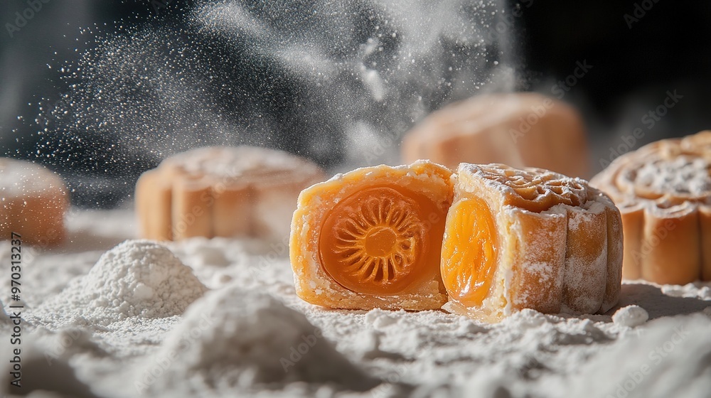 Delicious mooncakes placed in flour, creating a dynamic splash ...