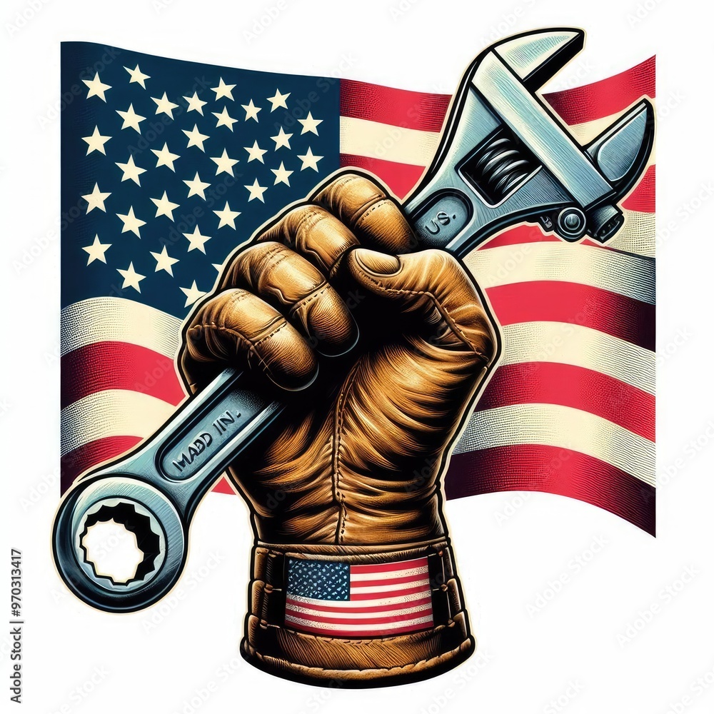 Worn work glove holding wrench tool and gripping old US American flag ...