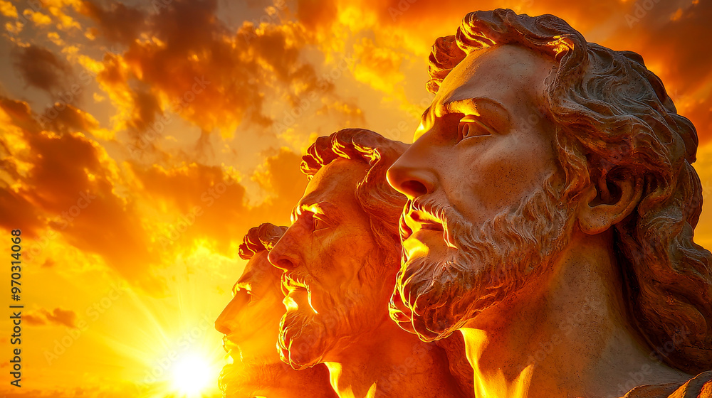 Divine Light: A dramatic and evocative image of four stone statues of ...