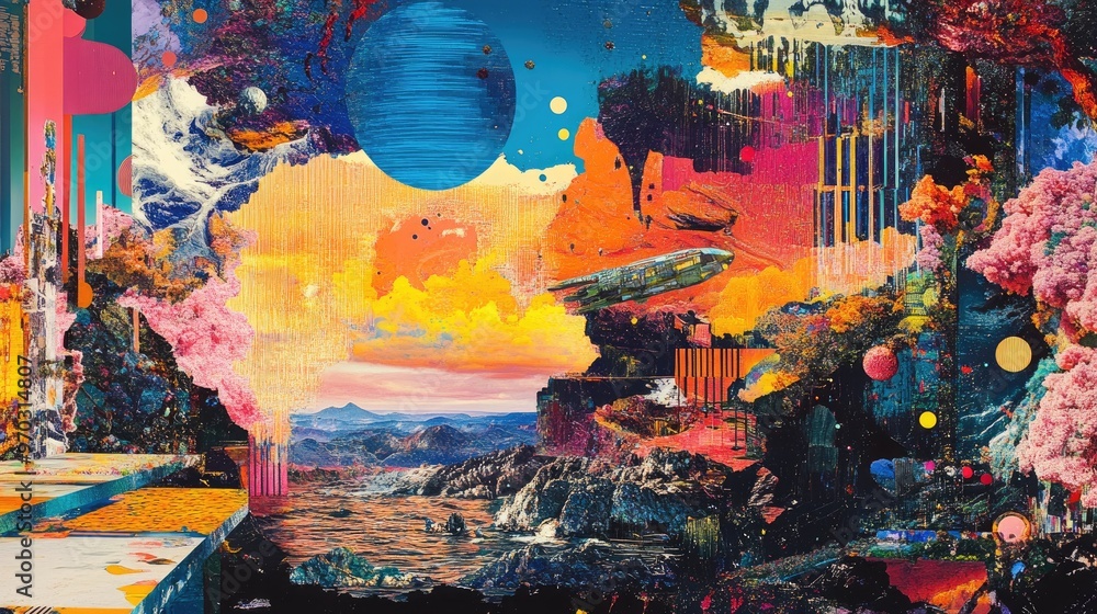 Vivid Surreal Landscape featuring a rich collage aesthetic with intense ...
