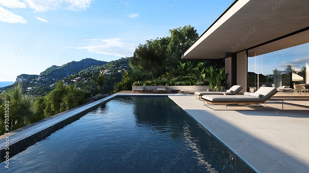 A modern house with a swimming pool overlooking a hillside. The pool is ...