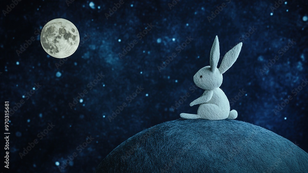 A felt rabbit crawling on the moon against a dark blue background. The ...