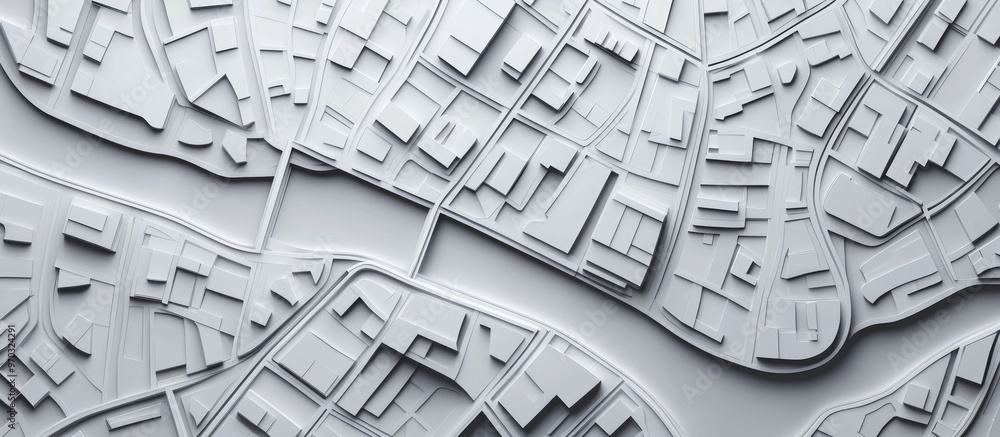 Map of streets depicted with black lines on grey paper A top down flat ...