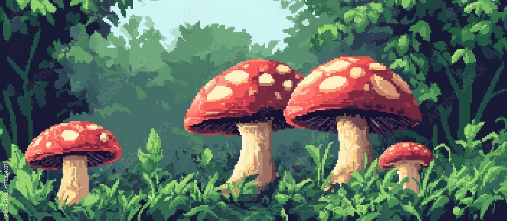 Pixel art mushrooms designed for retro gaming aesthetics or decorative ...