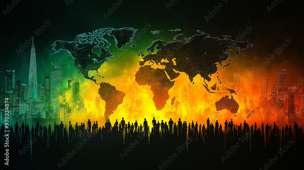 Silhouette of crowds stand before a vibrant world map, symbolizing ...