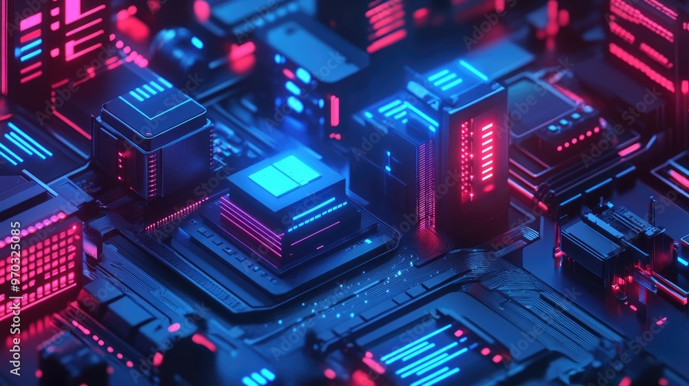 3D isometric infographic illustration of computer security in the context of artificial ...