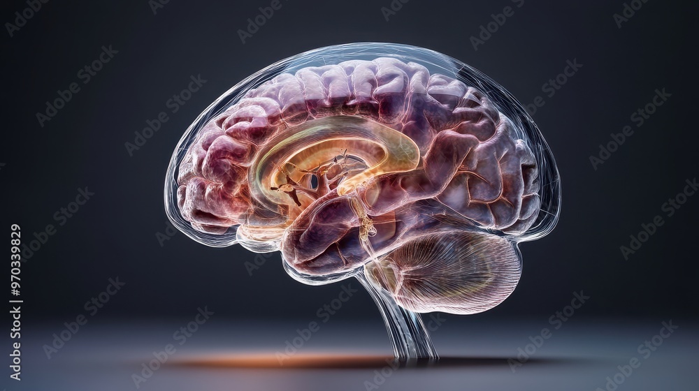 Transparent Human Brain Anatomy with Glowing Lines and Details - 3D ...