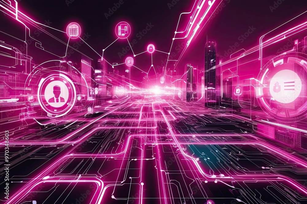 Dynamic Magenta Technology Landscape Showcasing Vibrant Digital Streams ...