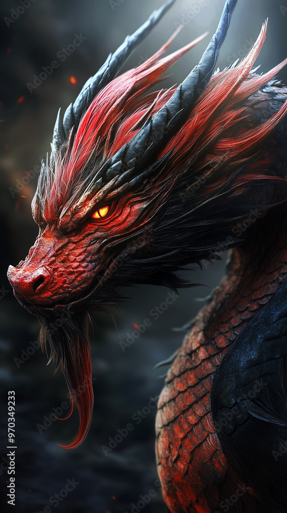 A realistic portrait of a Japanese-style dragon with red and black ...