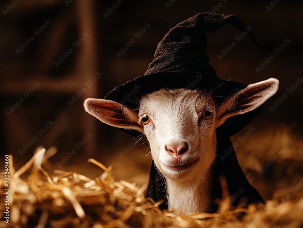 Goat wearing a witch hat and cape in a haunted barnyard, witch goat ...
