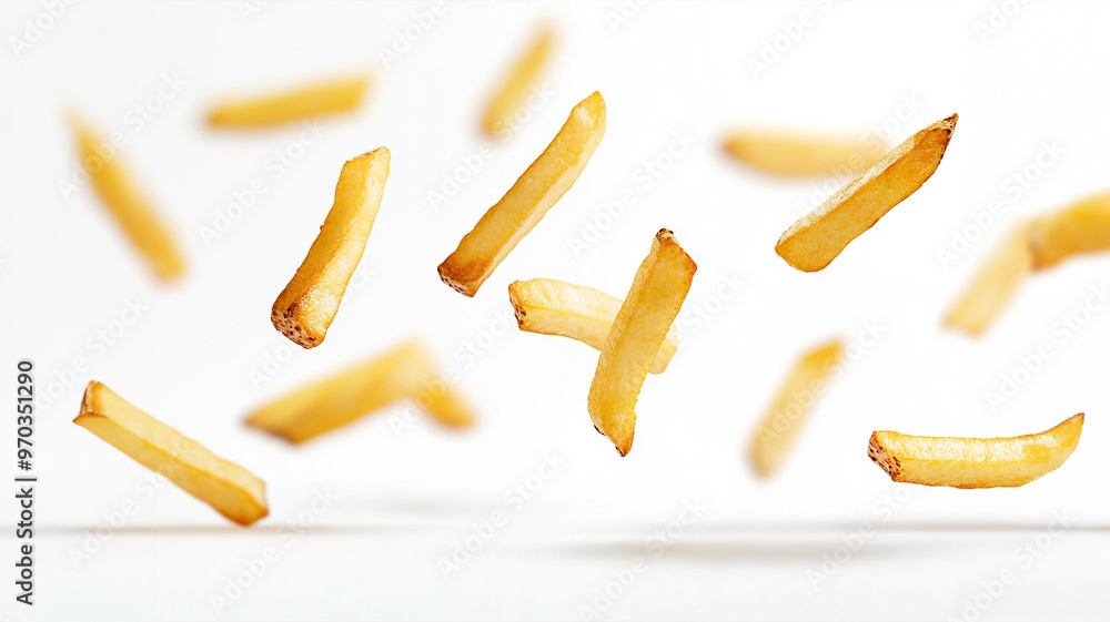 Golden, crispy French fries floating mid-air, scattered in various ...