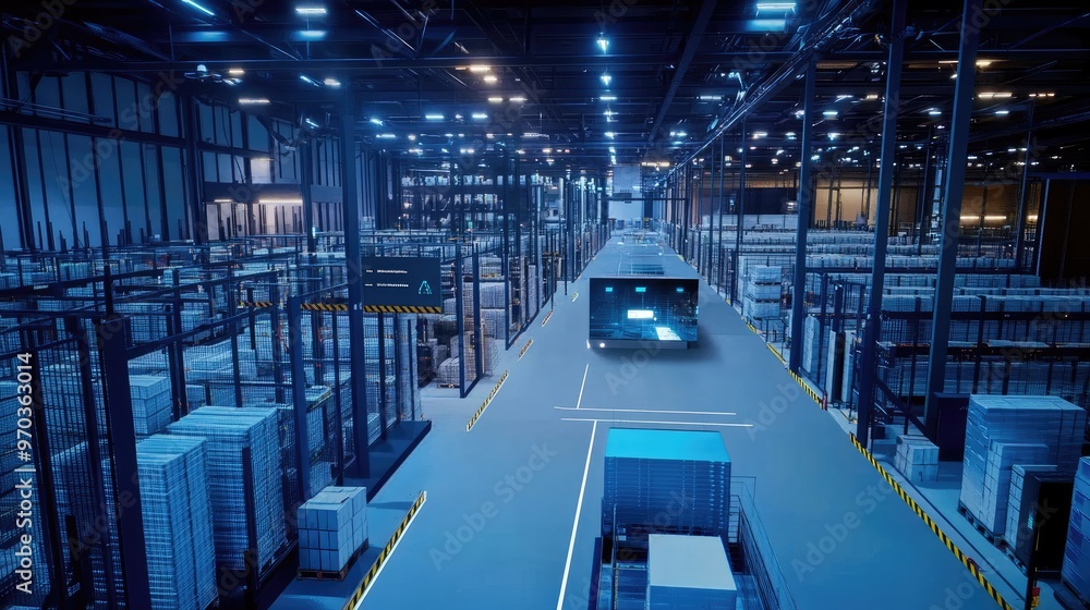 An automated guided vehicle (AGV) navigates a large warehouse ...
