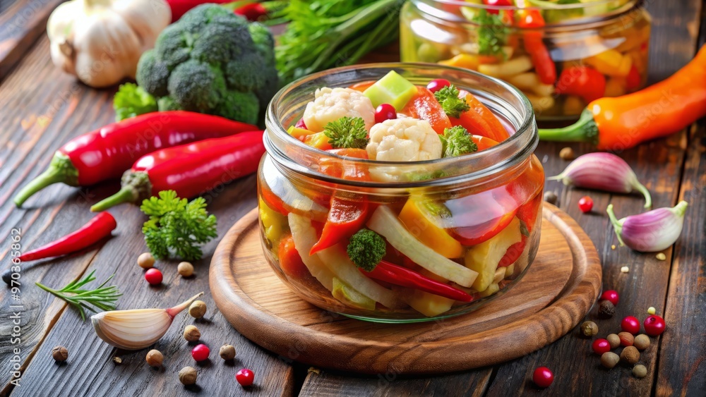 Spicy pickled vegetable medley adds a tangy kick to any meal, featuring ...