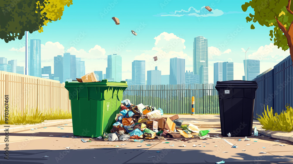 Full garbage bin and black plastic trash bags around. Overflowing ...