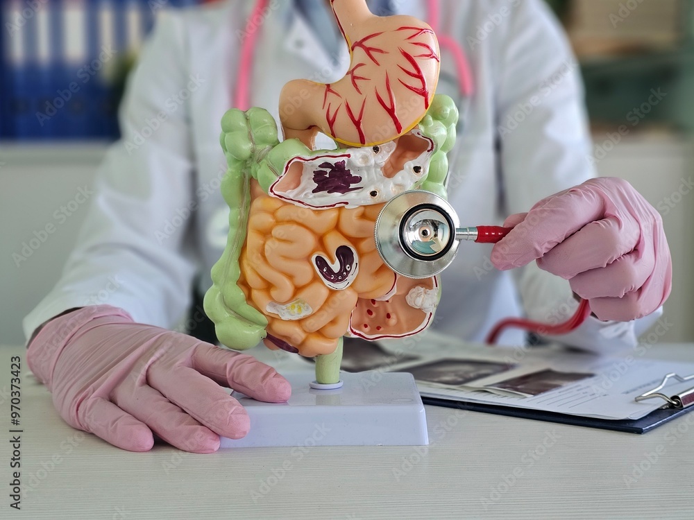 Doctor examines a detailed anatomical model of the human digestive ...