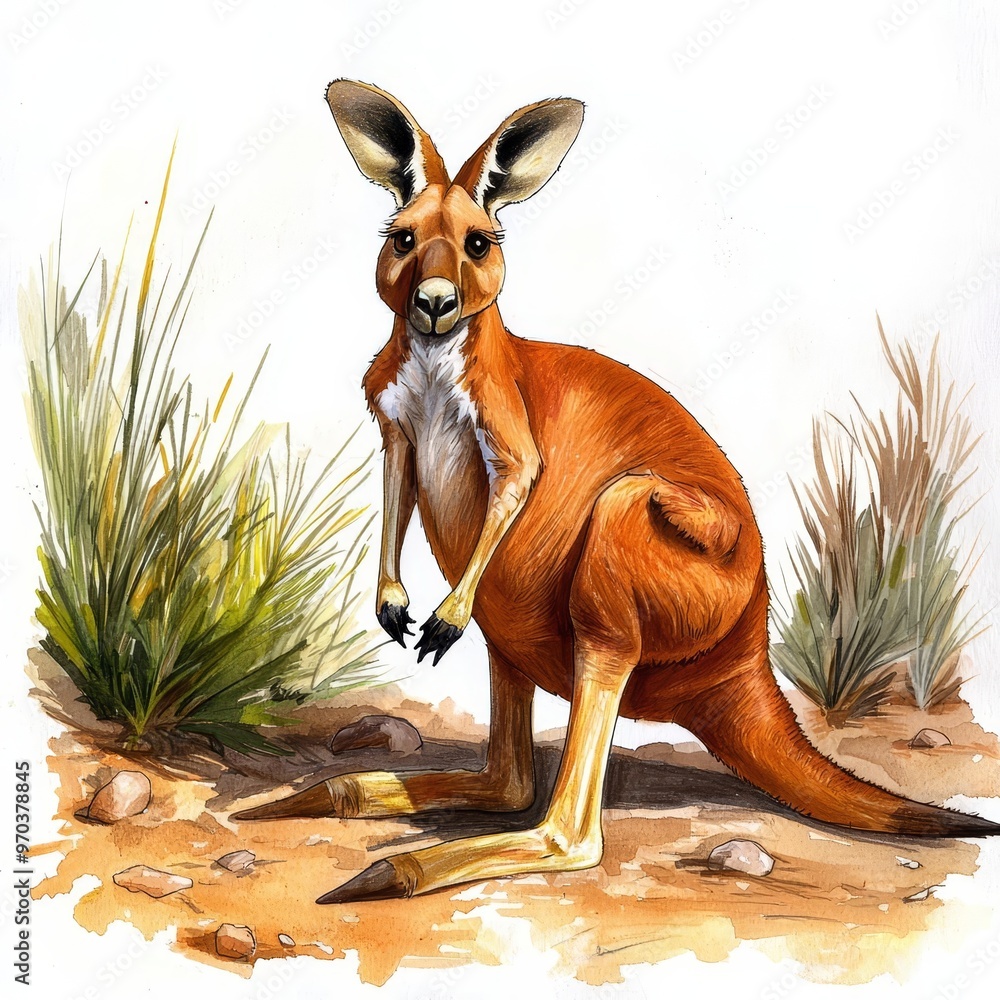 Wildlife Kangaroo, crayon drawing isolated on white background, bold ...