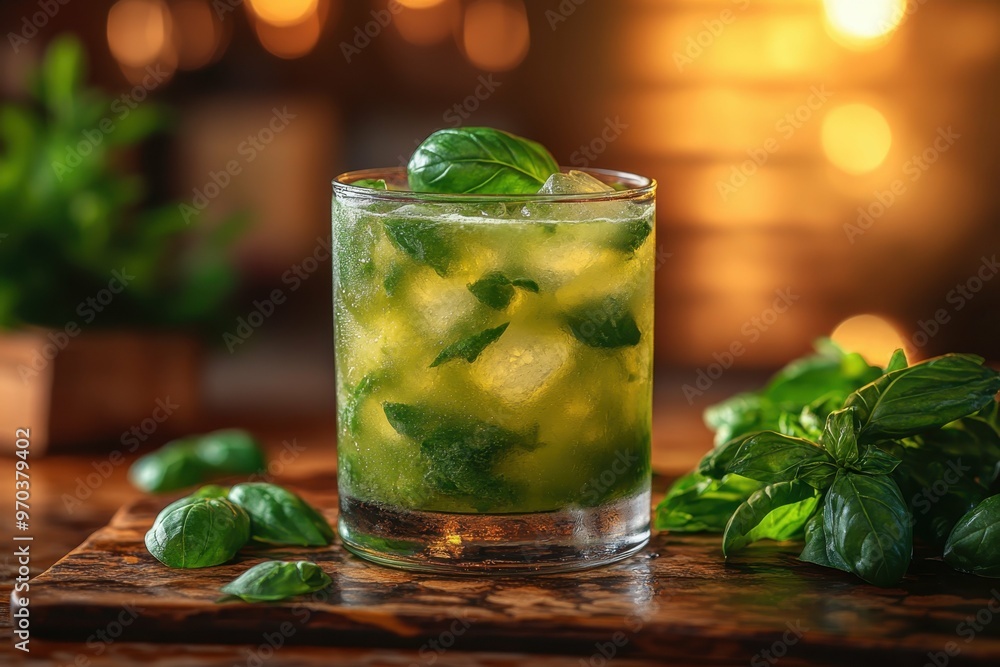 Cocktail Basil Caipirinha bright green colored placed on the right side ...