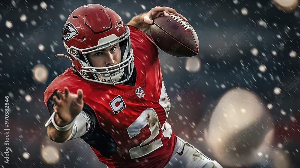 Quarterback throwing a pass in a highly detailed action shot, sharp ...