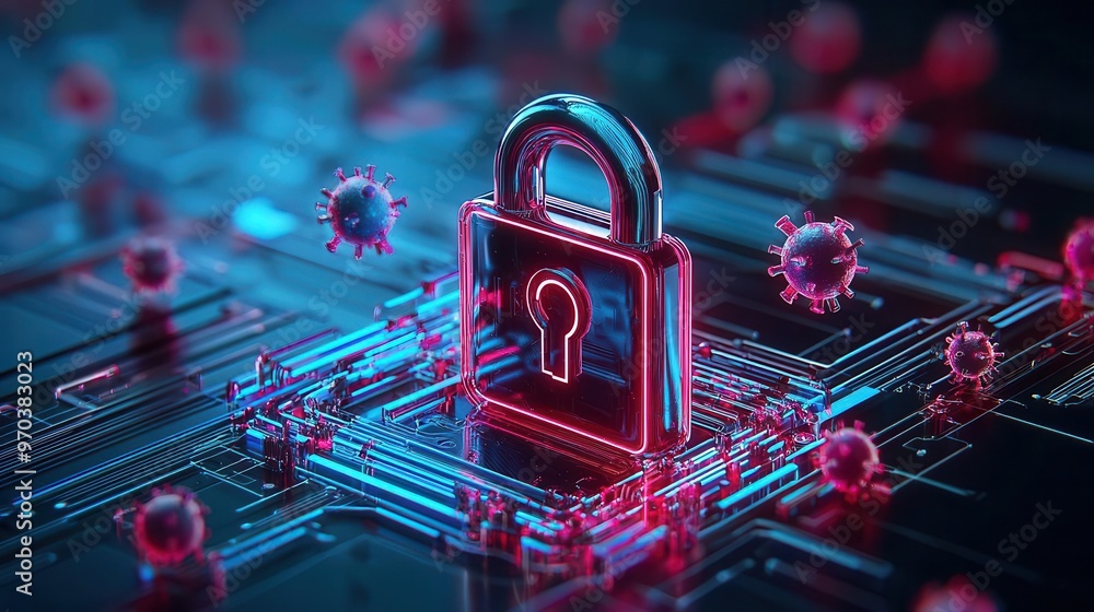 Lock icon encased in a futuristic network, glowing malware symbols ...