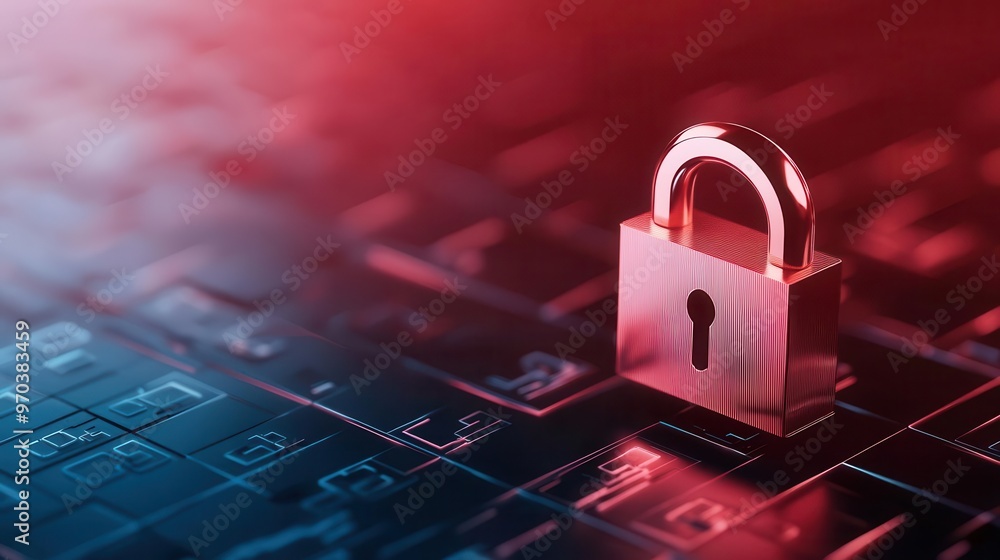 Holographic lock floating above binary code matrix, representing ...