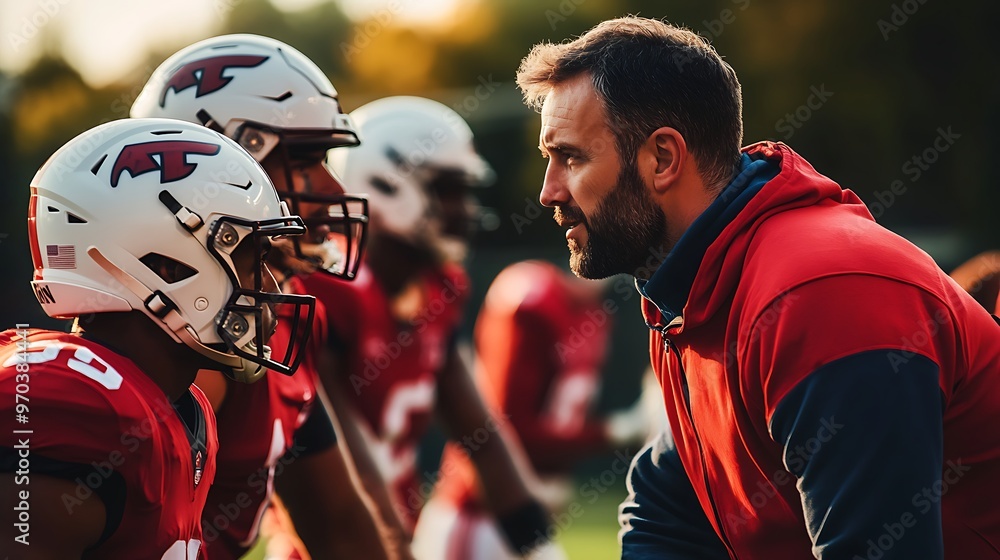 Football coach giving instructions to players, sharp focus on facial ...