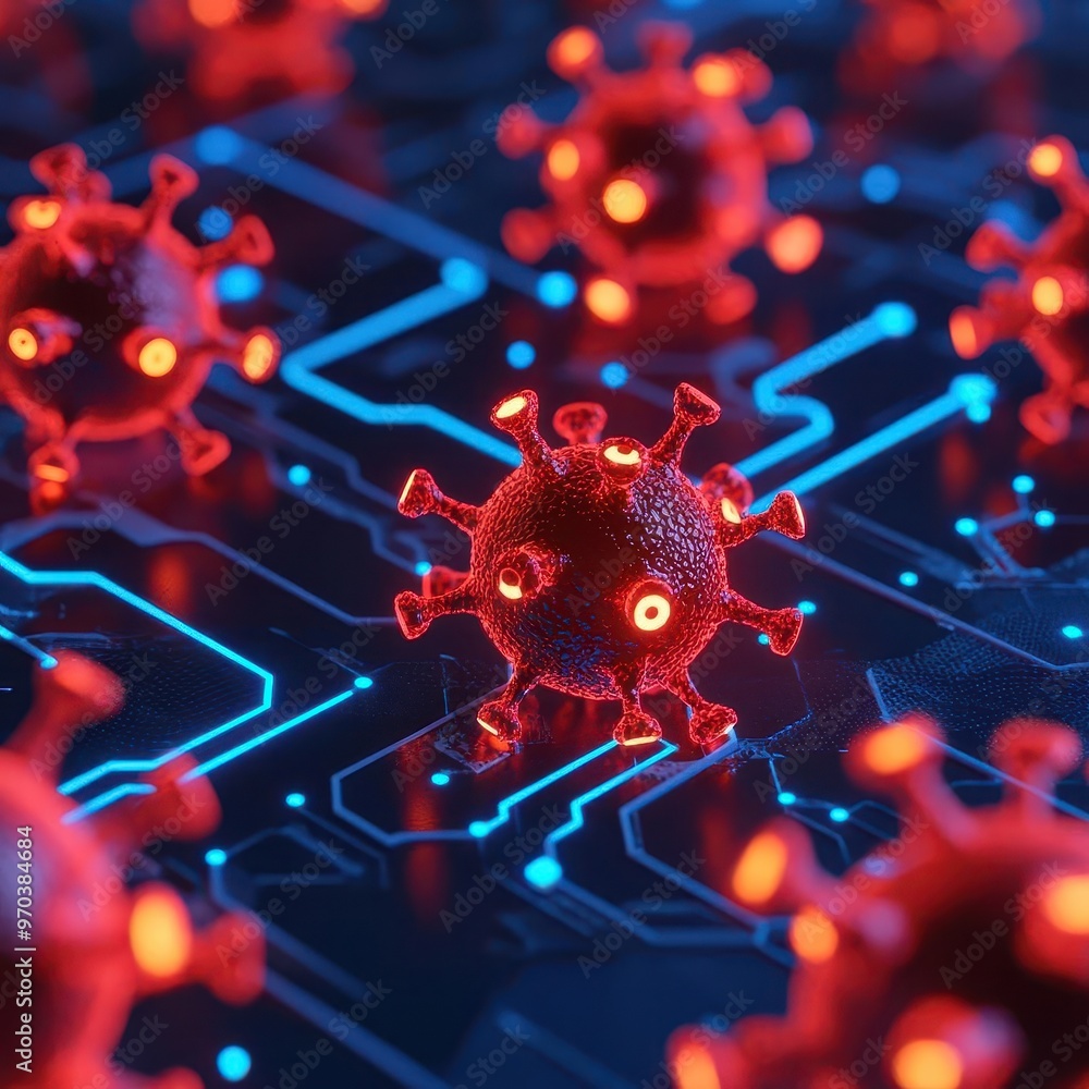 Abstract network with glowing red virus symbols blocked by blue digital ...
