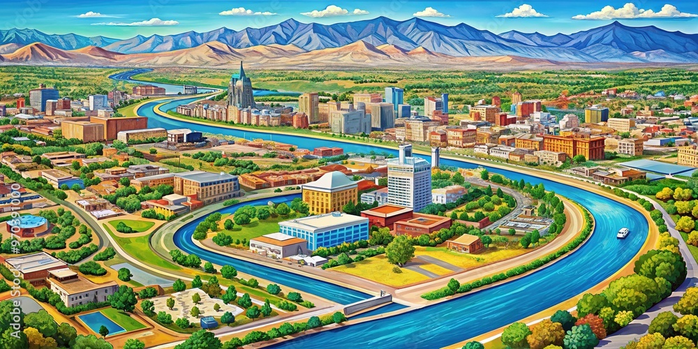 A vibrant map of Albuquerque's cityscape showcases notable landmarks ...