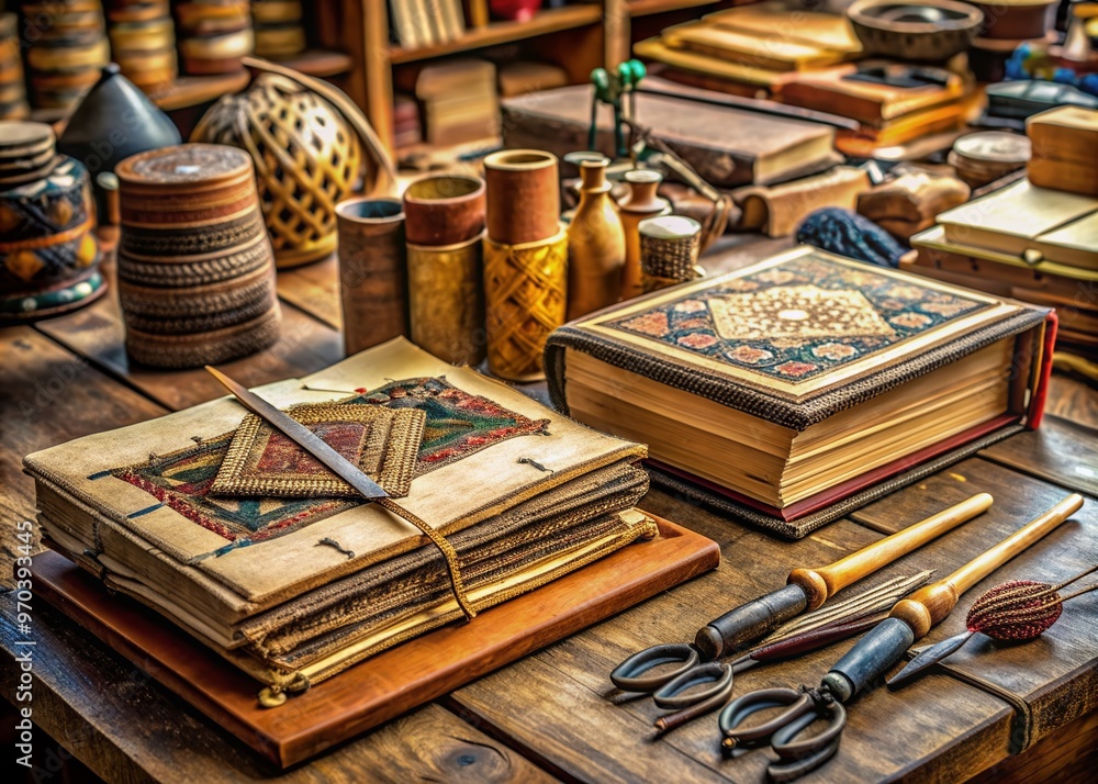 Intricate process of traditional coptic stitch bookbinding, showcasing ...