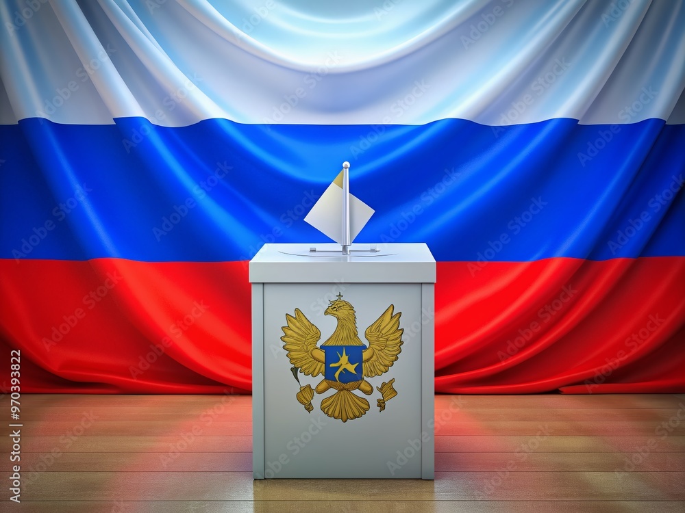 Russian flag and ballot box adorned with national colors and electoral ...