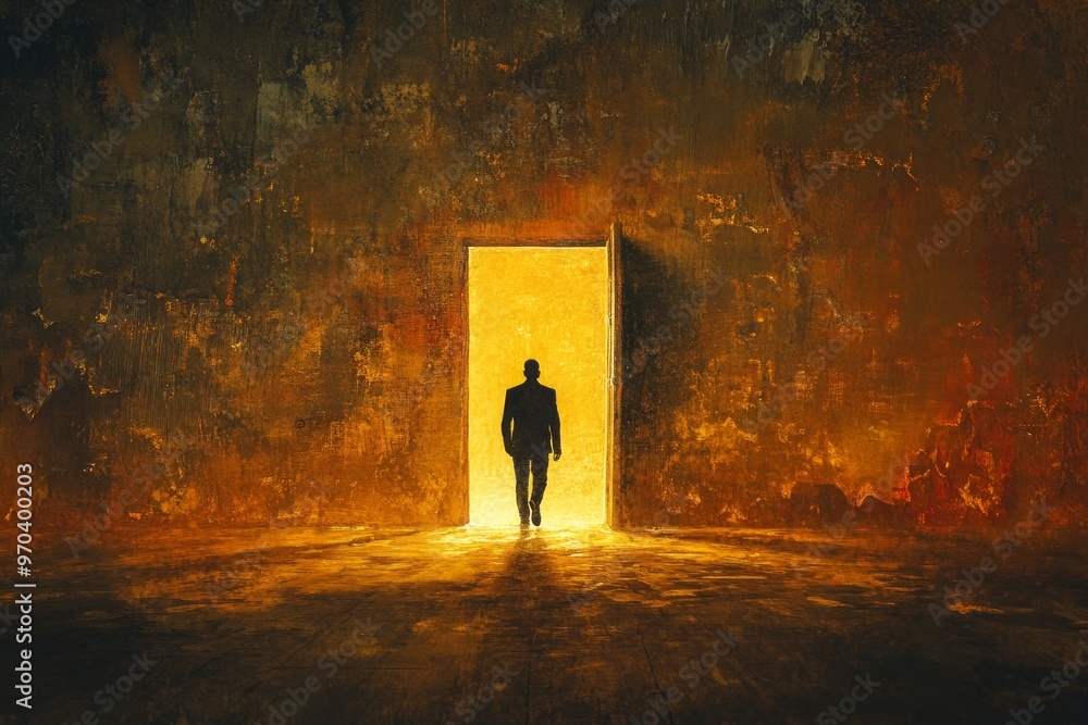 A man walking to a glowing door, symbolizing a departure or a new ...