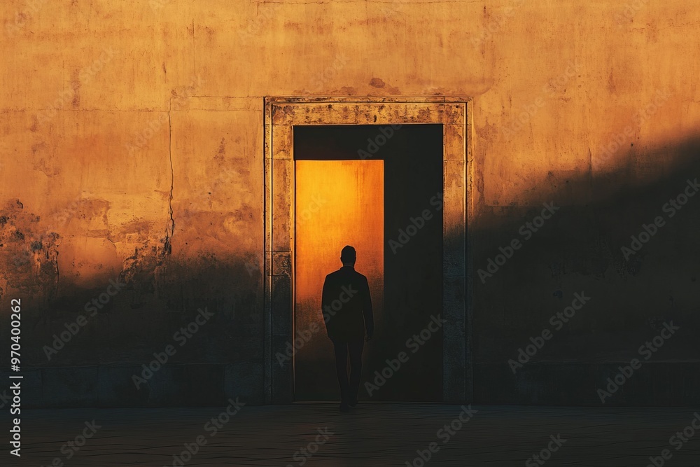 A man walking to a glowing door, symbolizing a departure or a new ...