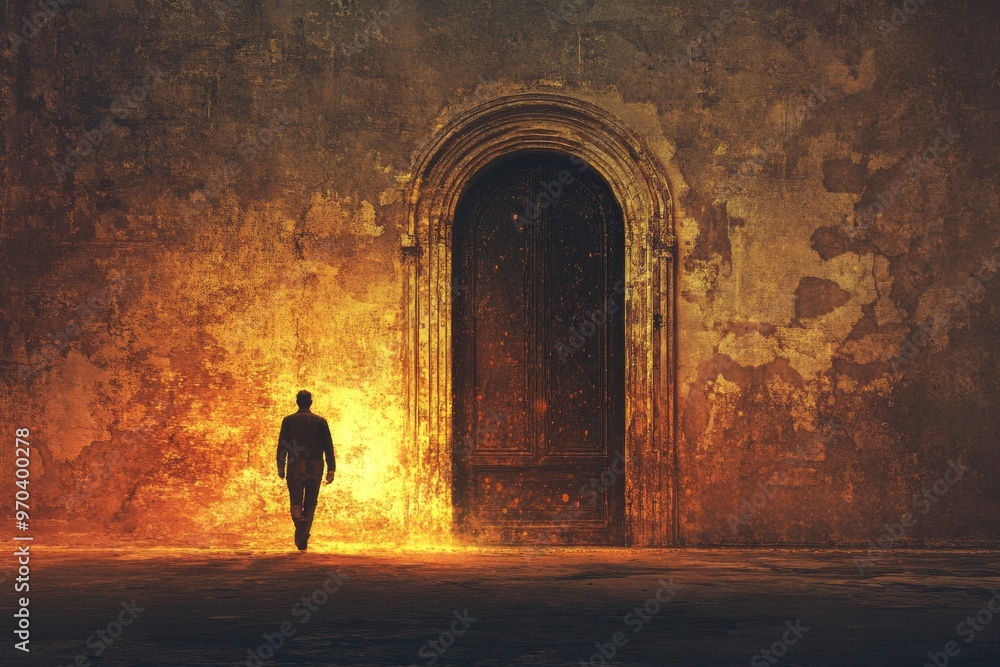A man walking to a glowing door, symbolizing a departure or a new ...