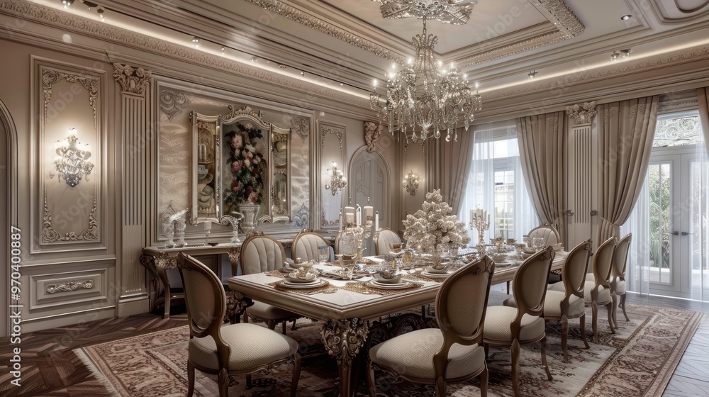Elegant formal dining room with large dining table for a fine dining ...