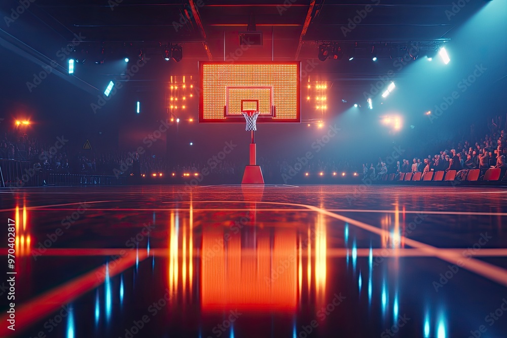 Basketball court with intense lighting, while hoop and scoreboard are ...