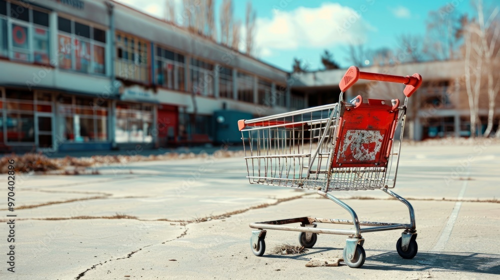 Shopping cart parked in front of a modern shopping mall entrance, ideal ...