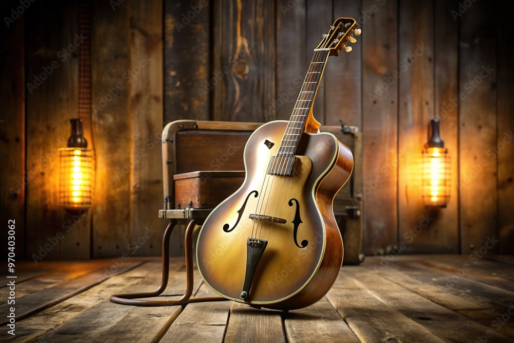 A vintage archtop guitar with intricate golden trim and creamy neck ...