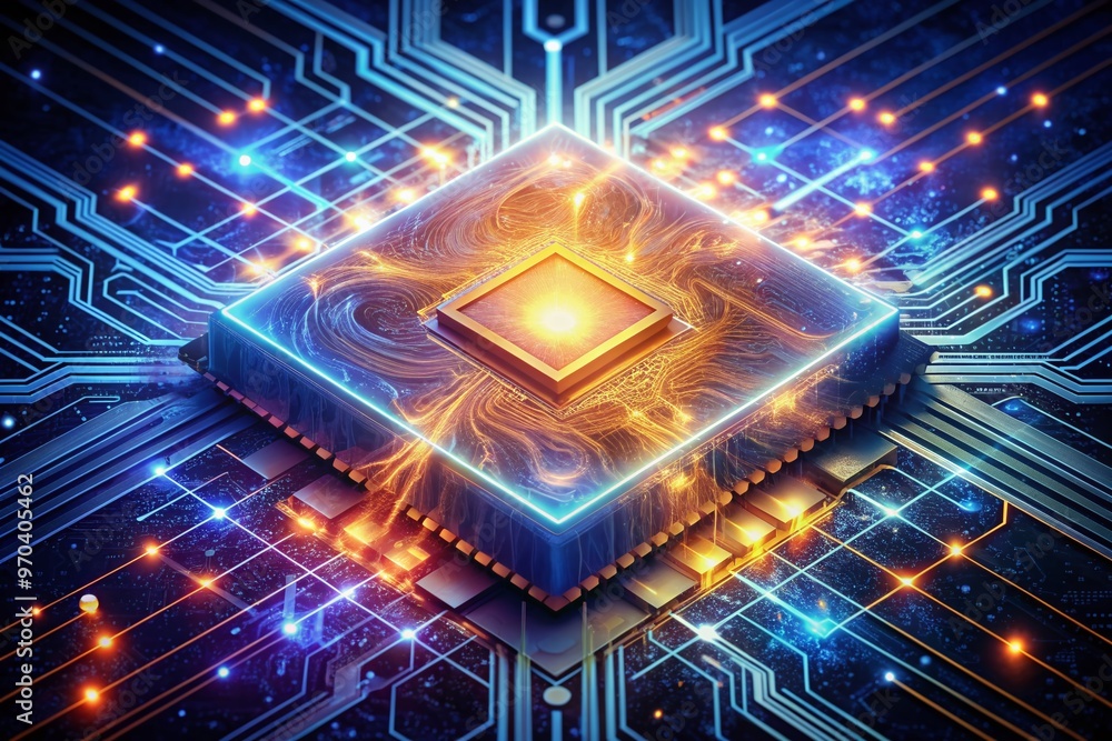 Futuristic digital illustration of a glowing computer processor ...