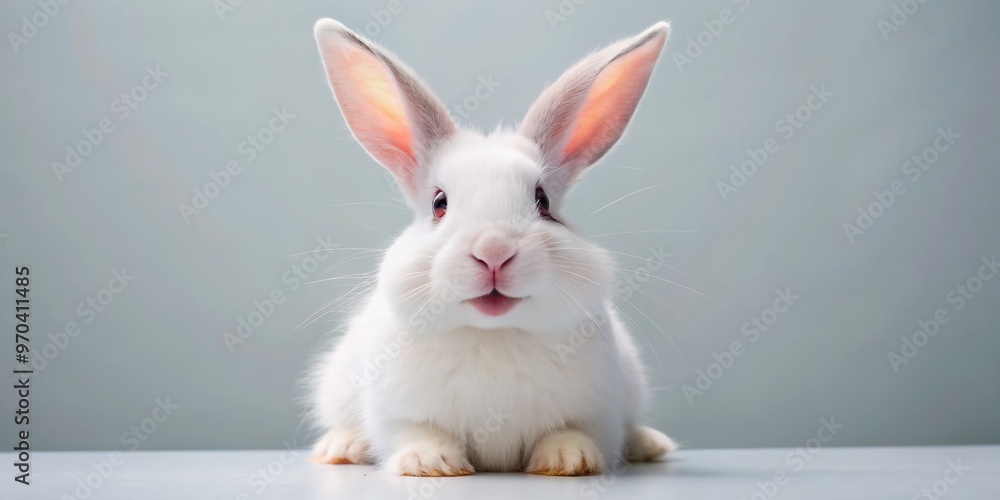 Adorable white rabbit with bright eyes and twitching whiskers smiles ...