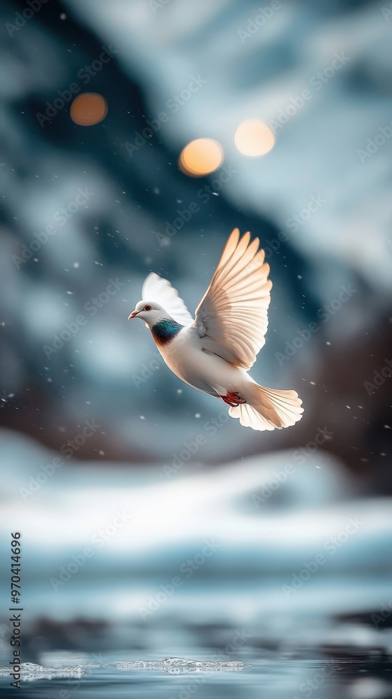 Pigeon flying over a tranquil lake under the Northern Lights, with the ...