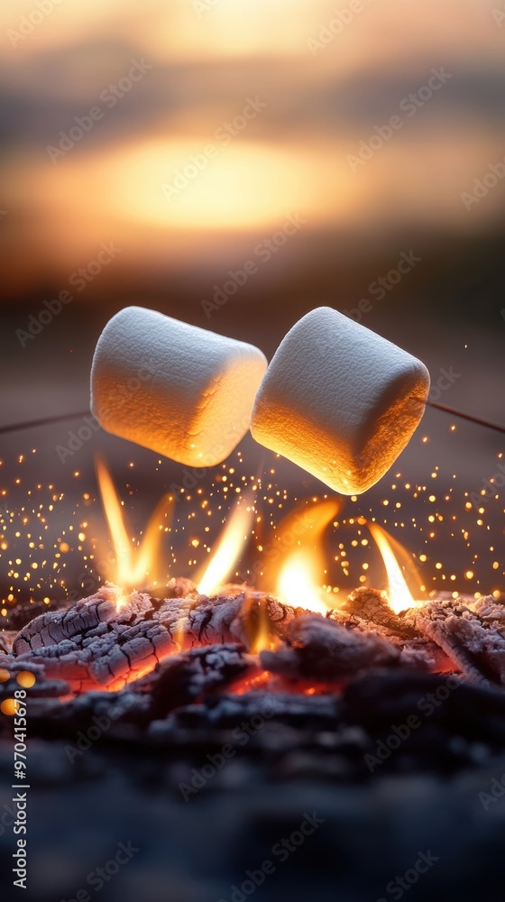 Soft marshmallows roasting over an open fire, slowly turning golden and ...