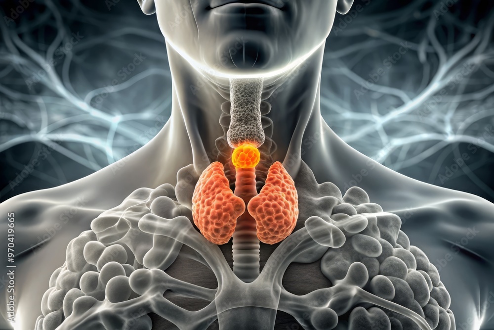 "Grey-scale image of thyroid gland with isthmus and lobes, homogeneous ...
