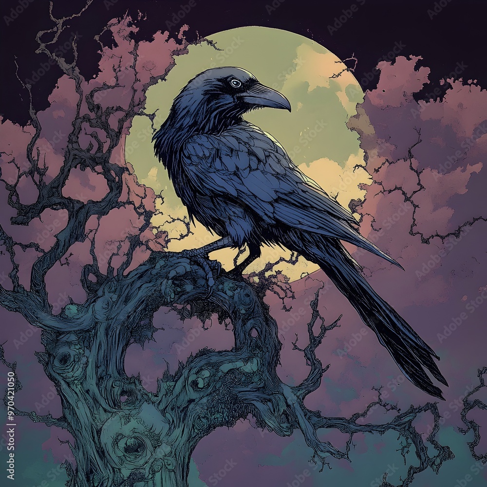 Midnight Raven A Haunting Ink Sketch of a Spectral Bird Perched in a ...